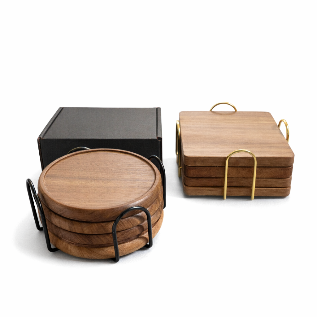 Custom Logo Coaster Set – Engraved Walnut Corporate Drink Coasters for ...